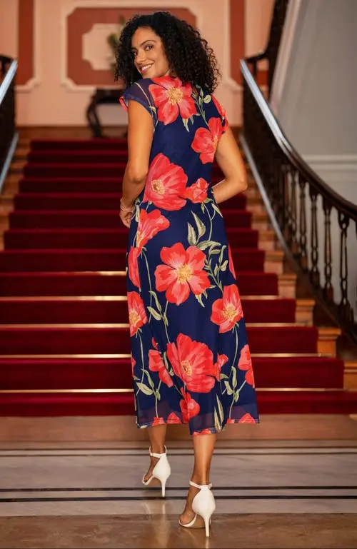 YUMI Poppy Print Mesh Midi Dress - Navy