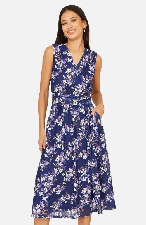 YUMI Blossom Print Mesh Stretch Midi Dress - Navy