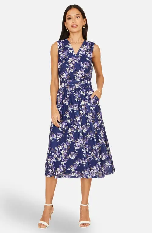 YUMI Blossom Print Mesh Stretch Midi Dress