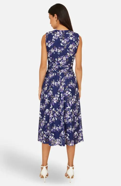 YUMI Blossom Print Mesh Stretch Midi Dress