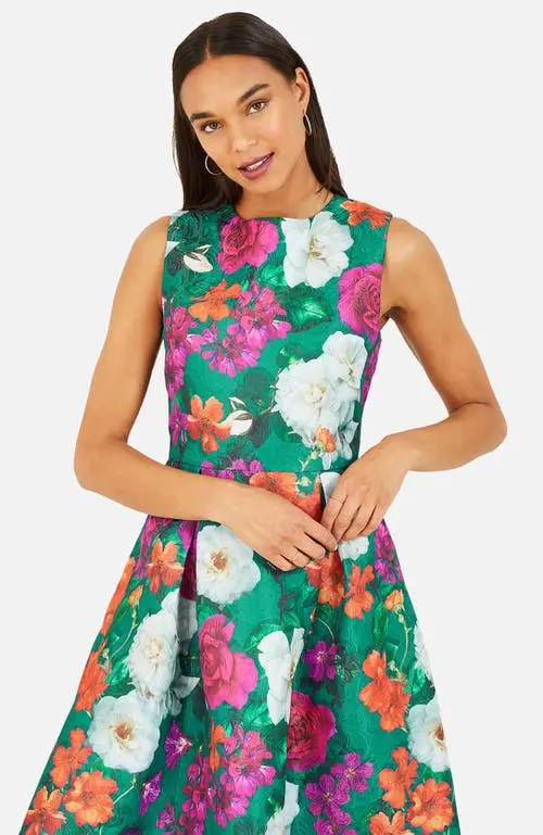 YUMI Floral Jacquard Fit And Flare Skater Dress - Green