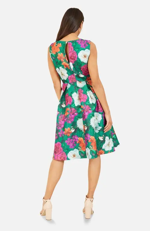YUMI Floral Jacquard Fit And Flare Skater Dress - Green