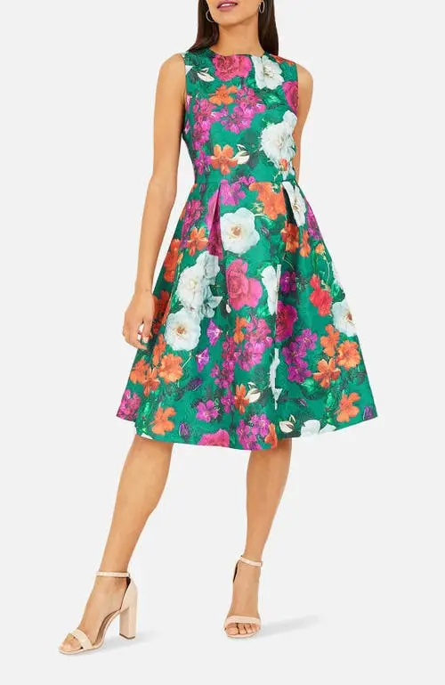 YUMI Floral Jacquard Fit And Flare Skater Dress - Green