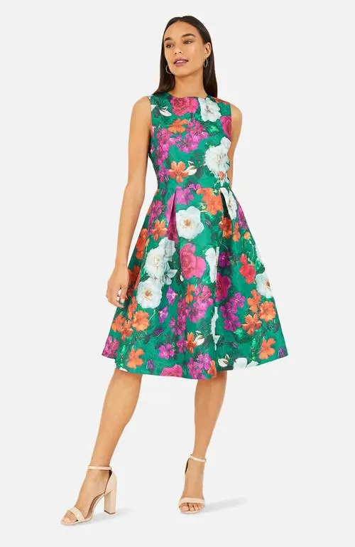 YUMI Floral Jacquard Fit And Flare Skater Dress - Green