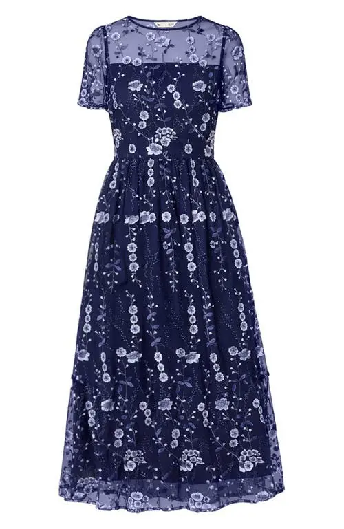 YUMI Embroidered Mesh Midi Dress