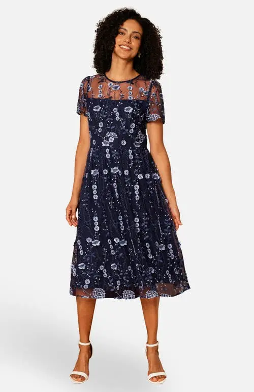 YUMI Embroidered Mesh Midi Dress - Navy