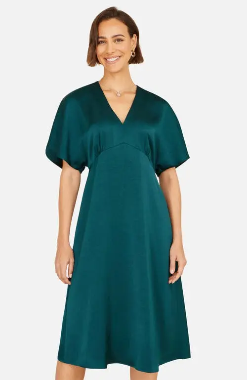 YUMI Satin Midi Kimono Dress - Green