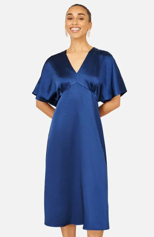 YUMI Satin Midi Kimono Dress - Navy