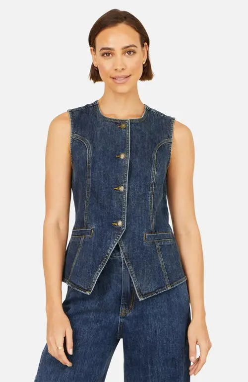 YUMI Stretch Long Denim Waistcoat - Blue