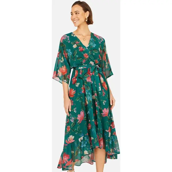 YUMI Floral Dip Hem Kimono Wrap Dress - Green