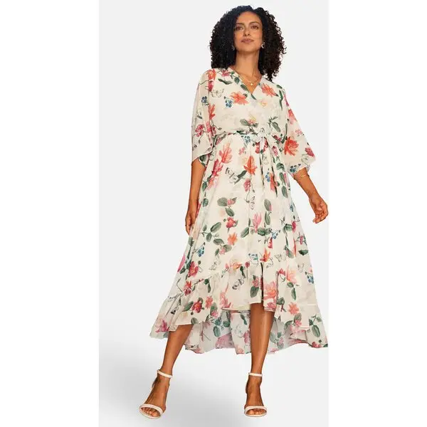 YUMI Floral Dip Hem Wrap Midi Dress - Ivory