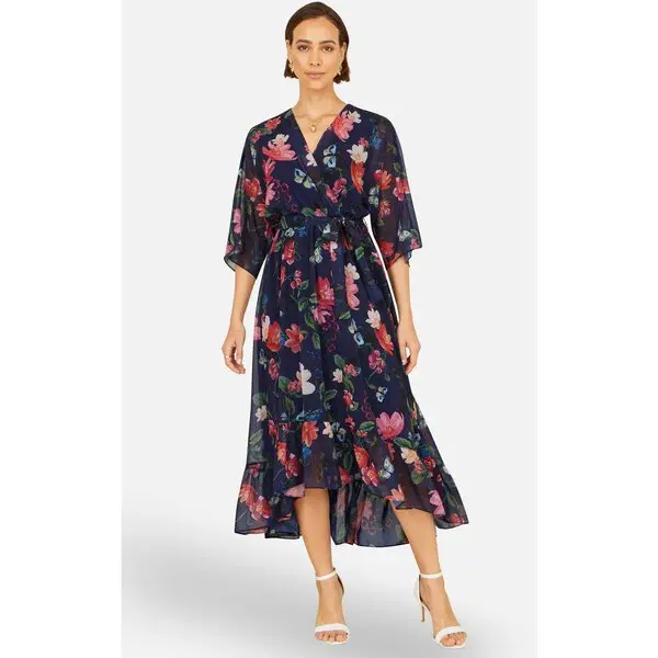 YUMI Floral Dip Hem Wrap Midi Dress - Navy