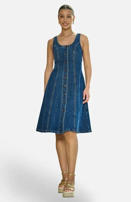 YUMI Stretch Denim Panel Fitted Dress - Blue