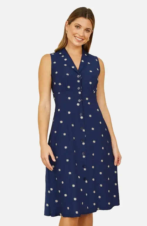 YUMI Daisy Print Sleeveless Shirt Dress