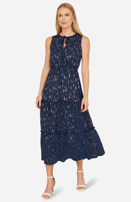 YUMI Foil Print Ruched Waist Midi Dress - Navy