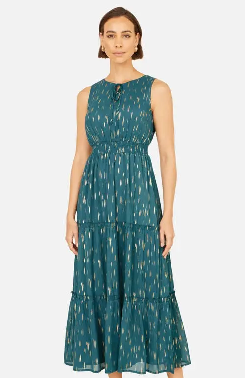 YUMI Foil Print Ruched Waist Midi Dress - Teal