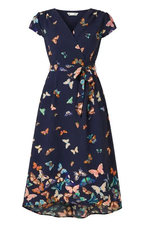 YUMI Butterfly Print Dip Hem Midi Wrap Dress