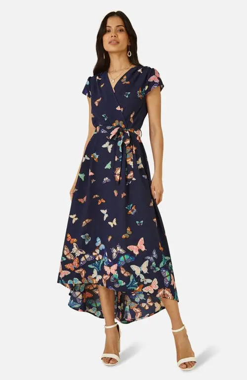 YUMI Butterfly Print Dip Hem Midi Wrap Dress
