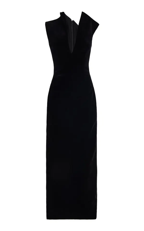 Brandon Maxwell The Farren Asymmetric Bonded Velvet Maxi Dress