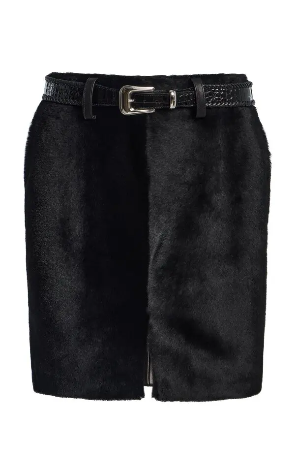 Brandon Maxwell The Lex Pencil Leather Shearling Skirt - Black