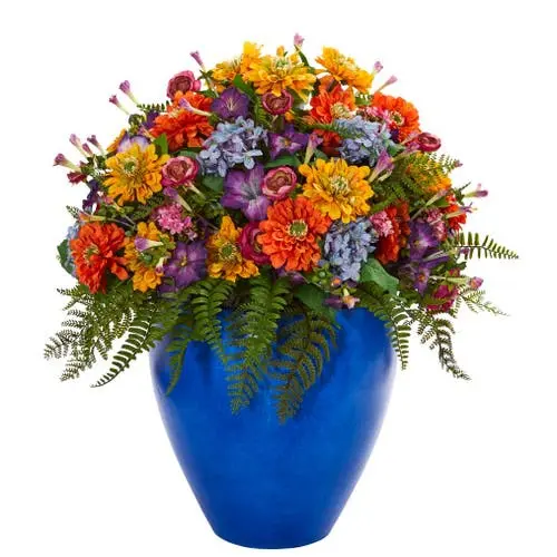NEARLY NATURAL Giant Mixed Floral Artificial Arrangement In Blue Vase - Multicolor