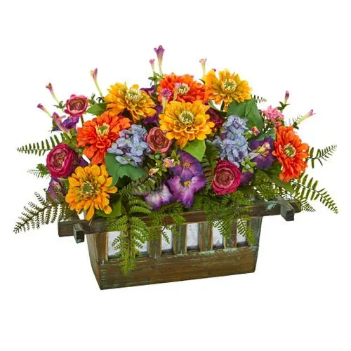 NEARLY NATURAL Mixed Floral Artificial Arrangement In Rectangular Wood Planter - Multicolor