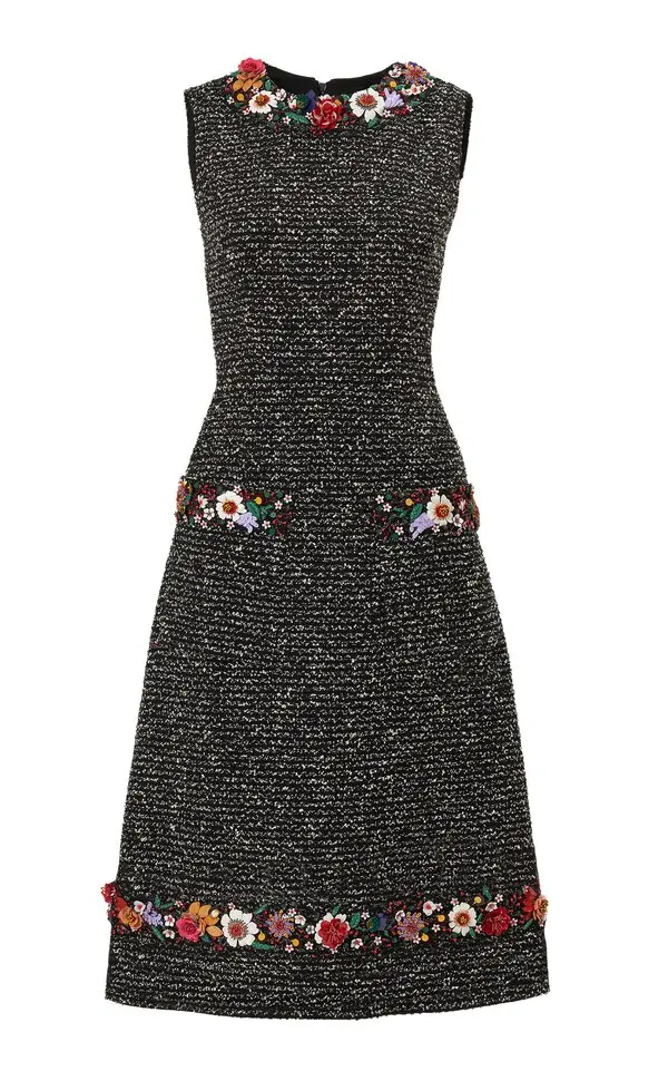 Carolina Herrera Embroidered Textured Tweed Knee-length Dress - Black/white