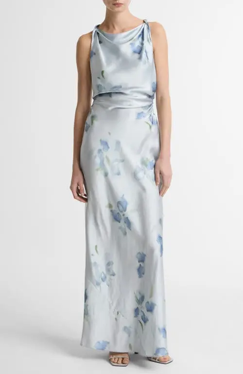 Vince Petal Blur Twist Shoulder Satin Maxi Dress - Soft Grey
