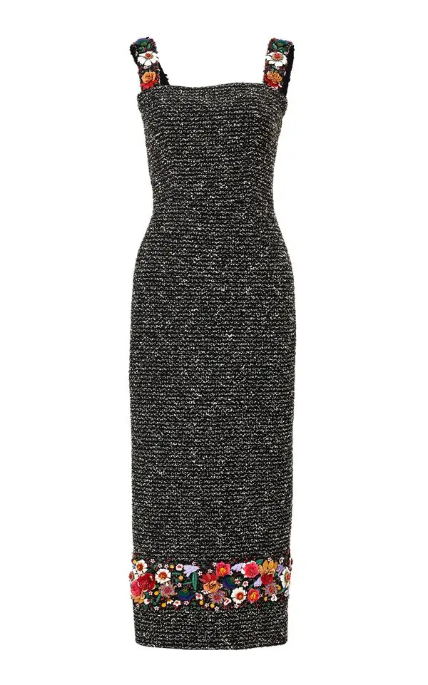 Carolina Herrera Embroidered Textured Tweed Ankle-length Dress - Black/white