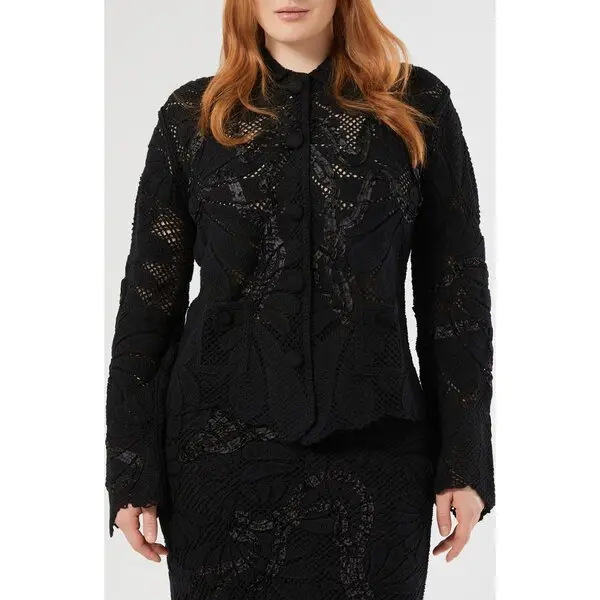 Marina Rinaldi Embroidered Mesh Cotton Blend Cardigan - Black