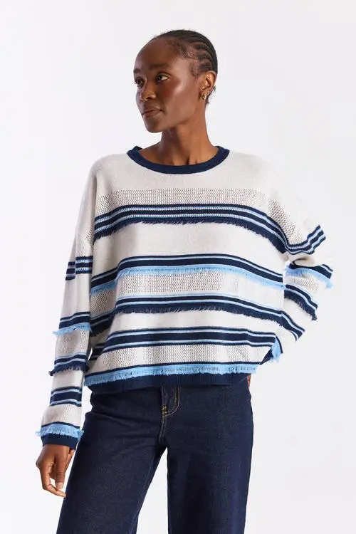 BRODIE CASHMERE Funky Stripe 100% Cashmere Sweater - Organic White/splash/ Navy