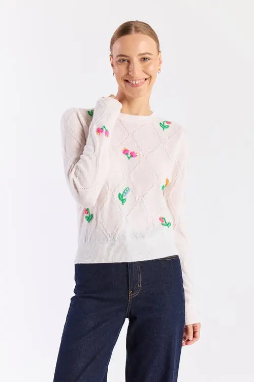 BRODIE CASHMERE Lightweight Floral 100% Cashmere Sweater - Organic White