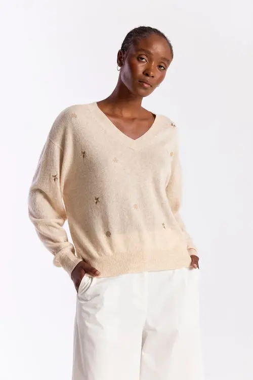 BRODIE CASHMERE Sea Embroidery 100% Cashmere Sweater - Cygnet