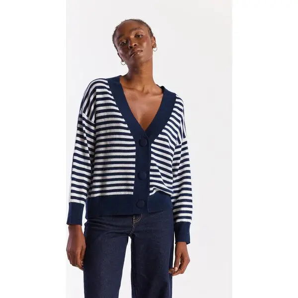 BRODIE CASHMERE Beach Stripe 100% Cashmere Cardigan - Navy