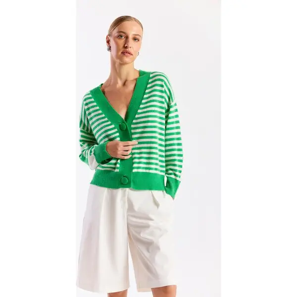 BRODIE CASHMERE Beach Stripe 100% Cashmere Cardigan - Spring Green