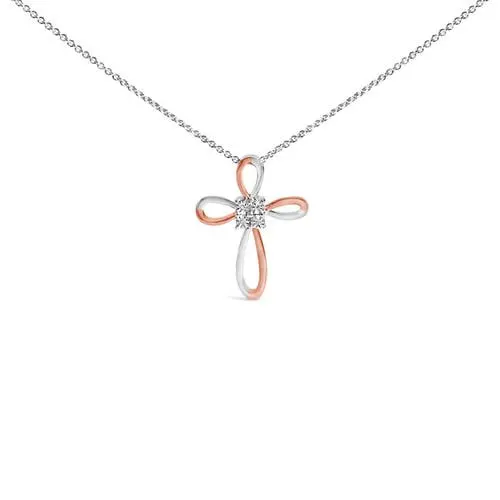 HAUS OF BRILLIANCE 10k Rose Gold Plated Sterling Diamond Cross Pendant Necklace - Silver