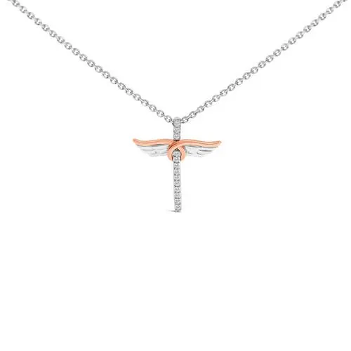 HAUS OF BRILLIANCE 14k Rose Gold Plated Wing Cross 1/5ctw Diamond Pendant Necklace - White Gold Over Silver