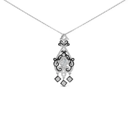 HAUS OF BRILLIANCE Black Rhodium Plated Sterling 3/4 Cttw Diamond Ornate Drop Pendant Necklace - Silver