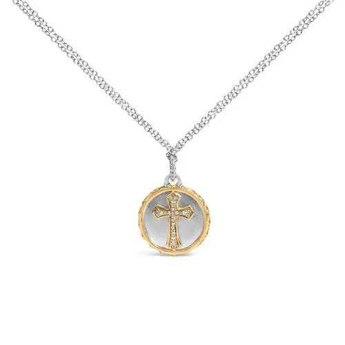 HAUS OF BRILLIANCE 14k Yellow Gold Plated Sterling Silver 1/10 Cttw Diamond Cross Medallion Pendant Necklace - Yellow Gold Over Silver