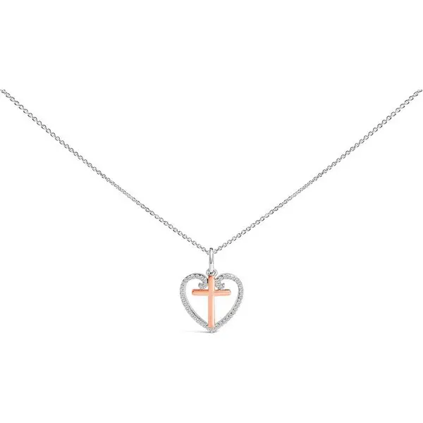 HAUS OF BRILLIANCE 14k Rose Gold-plated Sterling Silver Diamond Heart Cross Pendant Necklace - White Gold Over Silver