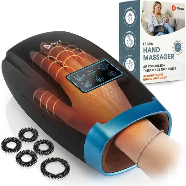 LIFEPRO Legra Plus Hand Massager With Heat And Compression Finger, Wrist - 5 Modes Black