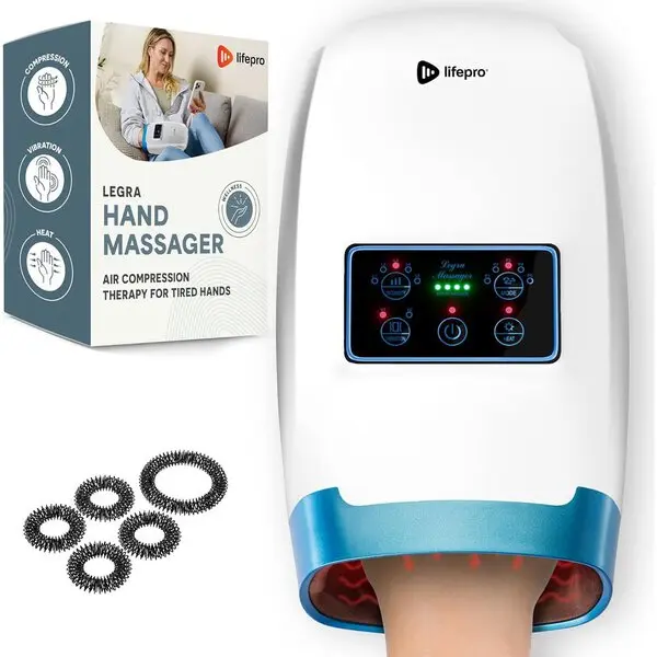LIFEPRO Legra Plus Hand Massager With Heat And Compression Finger, Wrist - 5 Modes White