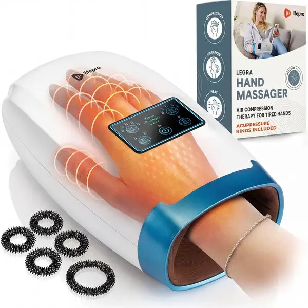 LIFEPRO Legra Plus Hand Massager With Heat And Compression Finger, Wrist - 5 Modes White