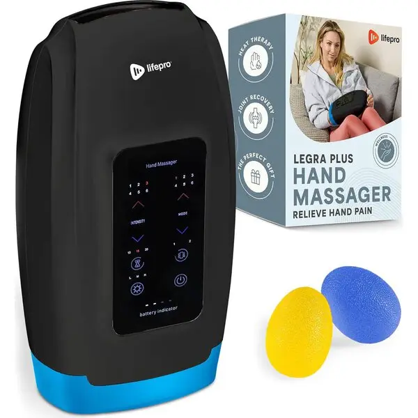 LIFEPRO Legra Plus Hand Massager With Heat And Compression Finger, Wrist - 6 Modes Black