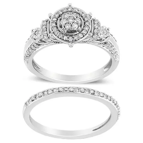 HAUS OF BRILLIANCE 1/3 Cttw Diamond 7 Stone And Halo Engagement Ring And Wedding Band Set - Silver