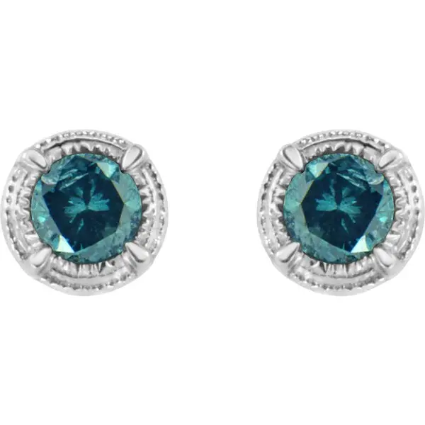 HAUS OF BRILLIANCE Silver 1/4 Ct Treated Colored Diamond Solitaire Milgrain Stud Earrings - Blue Diamond