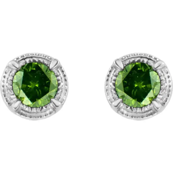 HAUS OF BRILLIANCE Silver 1/4 Ct Treated Colored Diamond Solitaire Milgrain Stud Earrings - Green Diamond