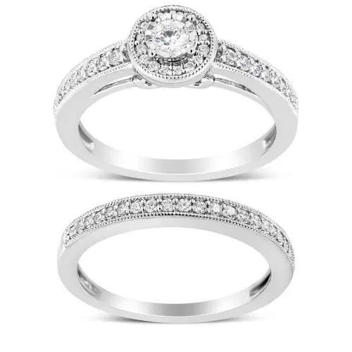 HAUS OF BRILLIANCE 1/2 Ctw Diamond Halo & Milgrain Engagement Ring Bridal Set - Silver