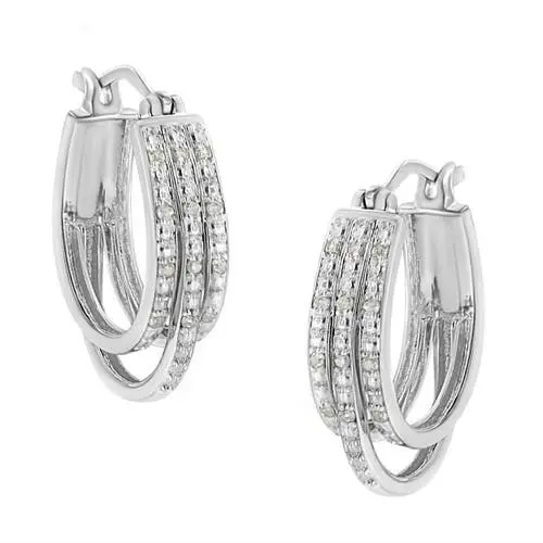 HAUS OF BRILLIANCE Silver 1/4 Cttw Diamond And Alternating Beaded Triple Hoop Earring - White