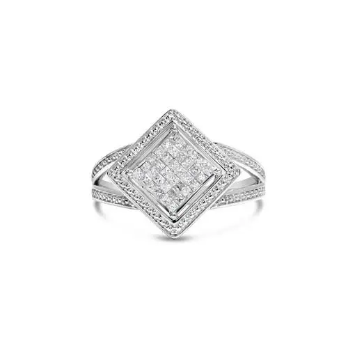 HAUS OF BRILLIANCE 1/3 Cttw Diamond Rhombus And Beaded Halo Ring - Silver